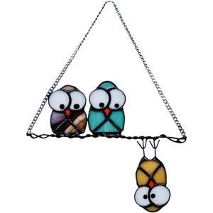 Accents | Multicolor Owls On A Wire High Stained Glass Suncatcher Panel ...